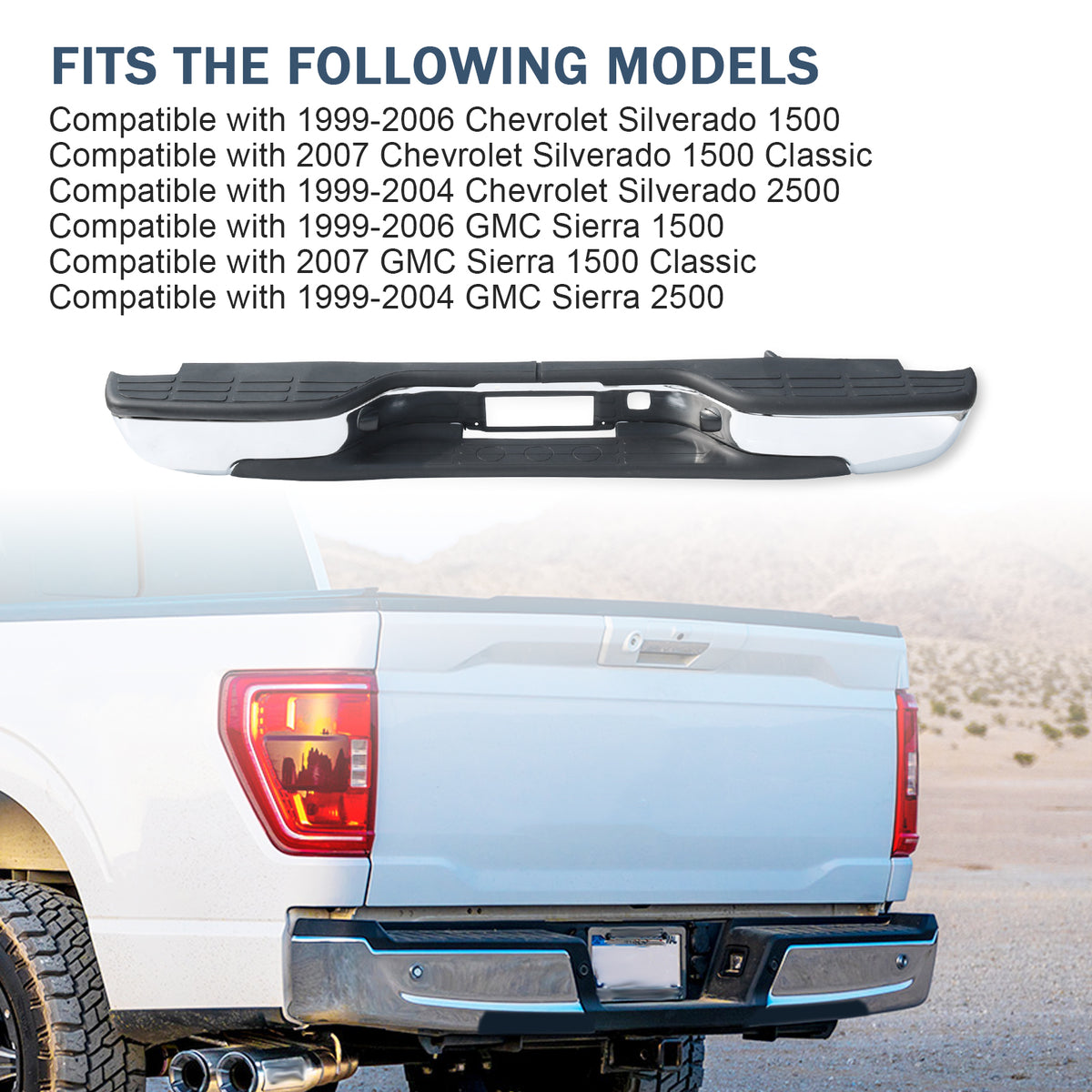 JDMSPEED Rear Chrome Bumper w/Brackets Fit Chevy Silverado GMC Sierra ...